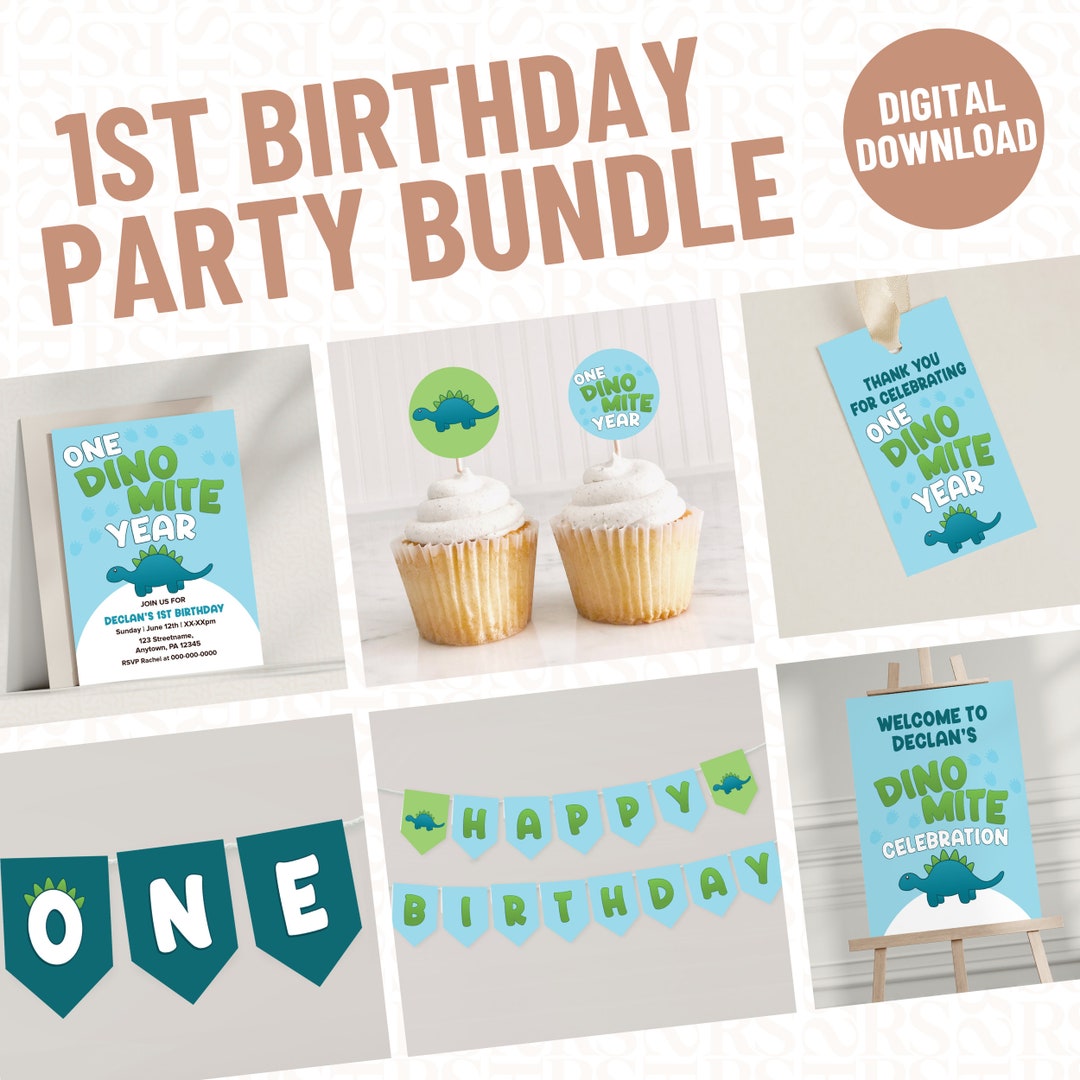 Boy's One Dino-mite Year 1st Birthday Party Pack Bundle Editable ...