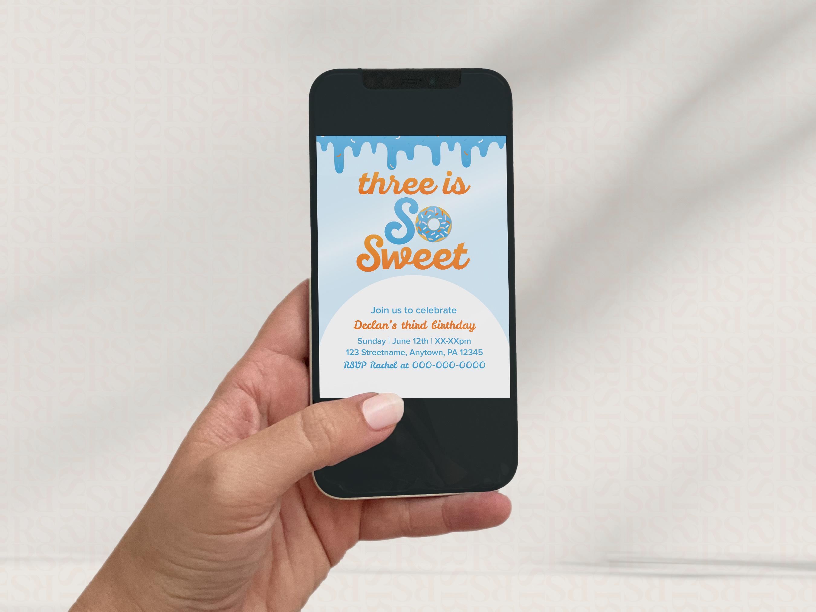 So Sweet 3rd Birthday Donut Party Invite - Editable 5x7 Blue & Orange ...