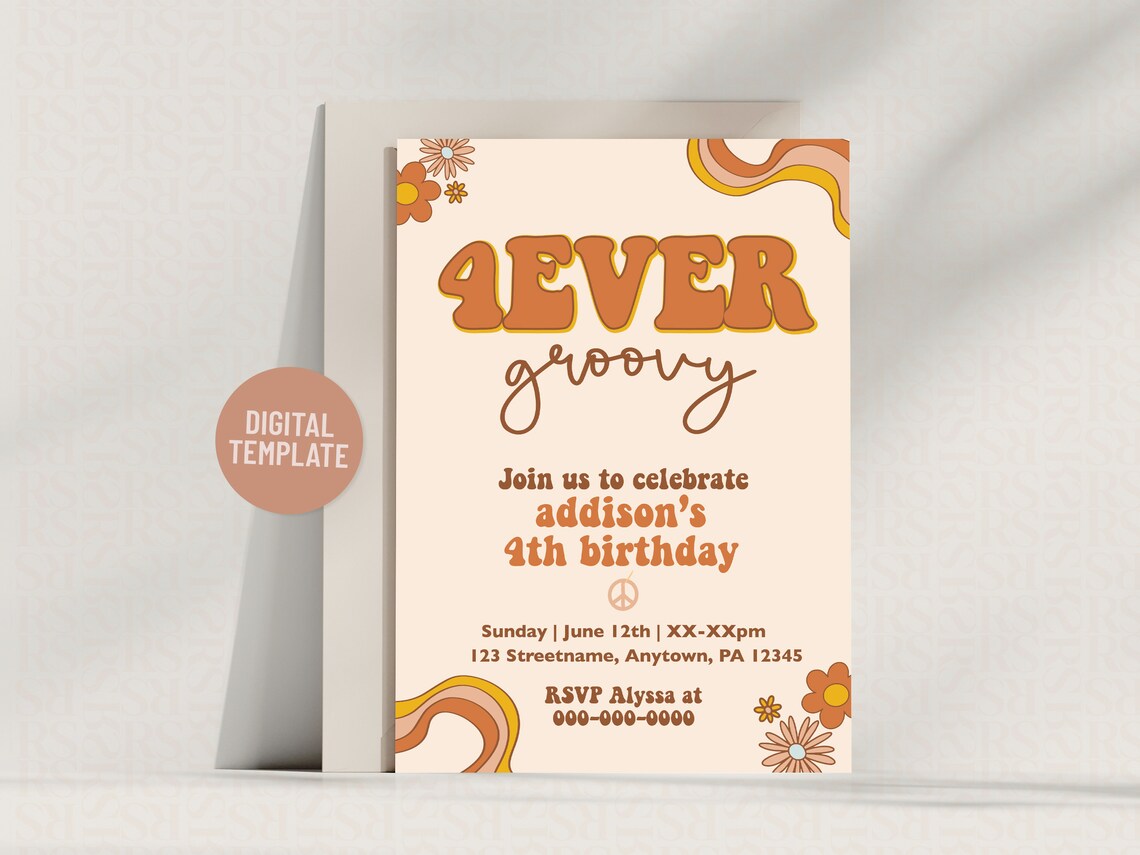Boho 4ever Groovy Fourth Birthday Party Invitation | Editable Template ...