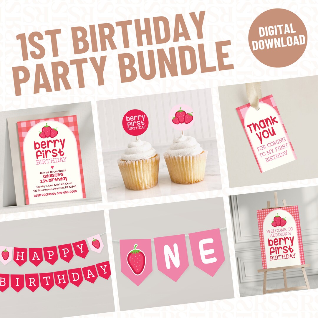 Editable Sweet Strawberry Theme Girl's 1st Birthday Party Pack Bundle ...