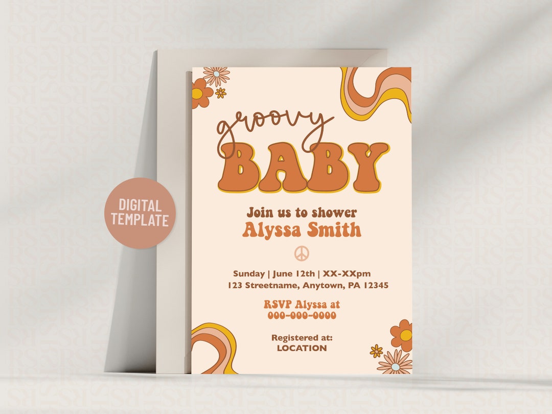 Retro Groovy Baby Shower Invitation | Editable 5x7 Boho Floral Template ...