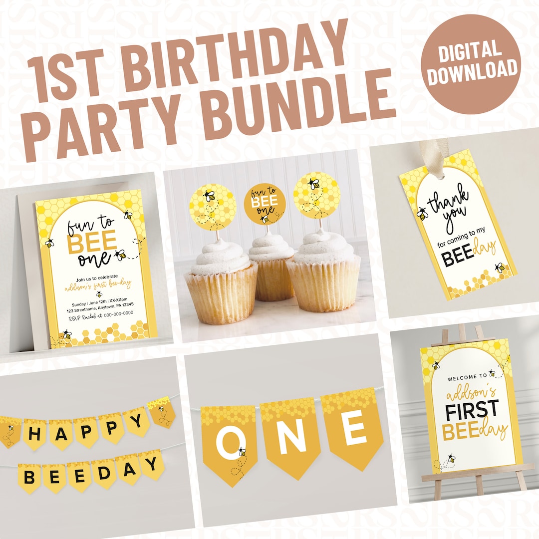 Editable Bee Theme 1st Birthday Bundle Pack | Printable Digital ...