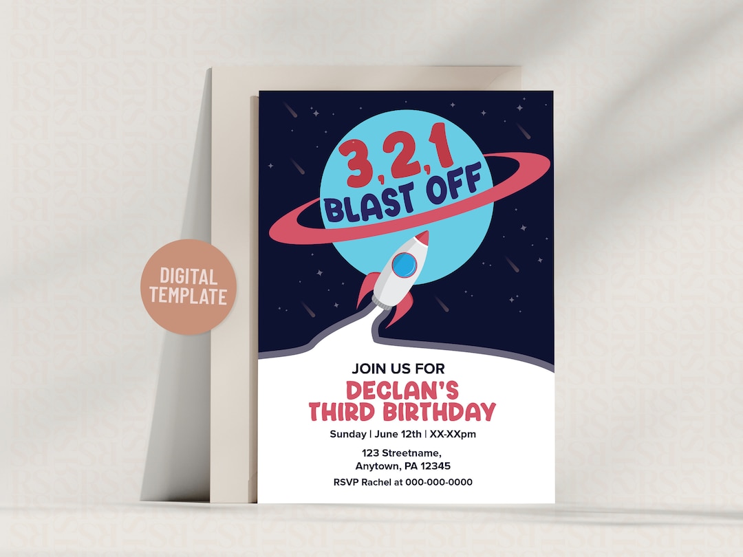 3, 2, 1 Blast off Boy's 3rd Birthday Party Space Theme Invite ...
