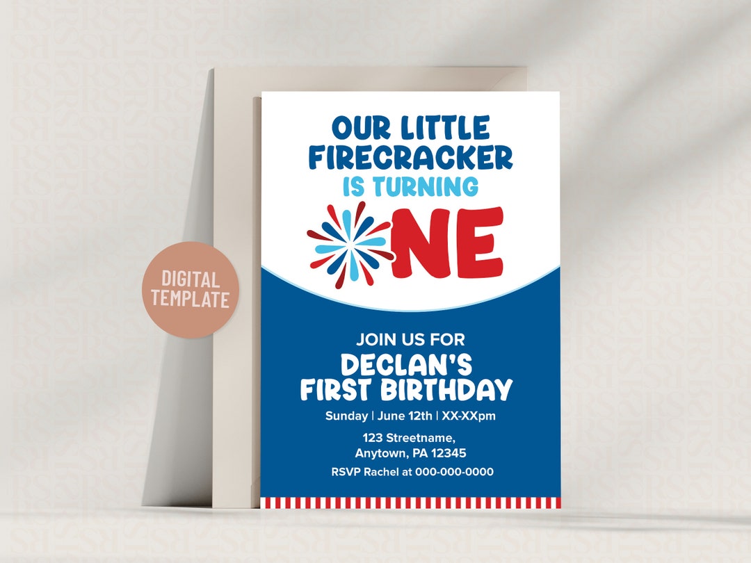 Editable Firecracker Boys 1st Birthday Invitation our Little ...