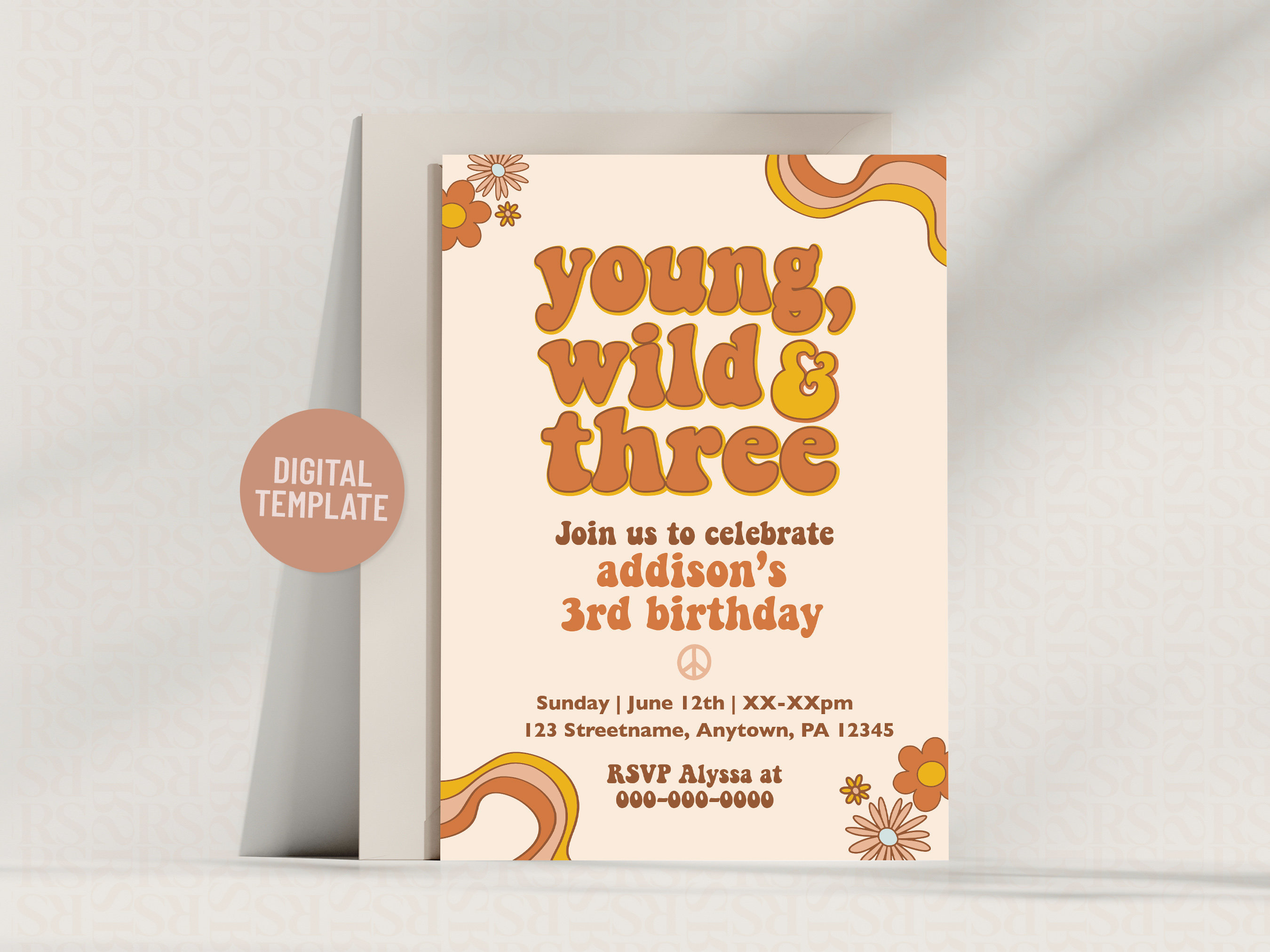 Young, Wild & Three Birthday Groovy Party Invitation Editable Template ...