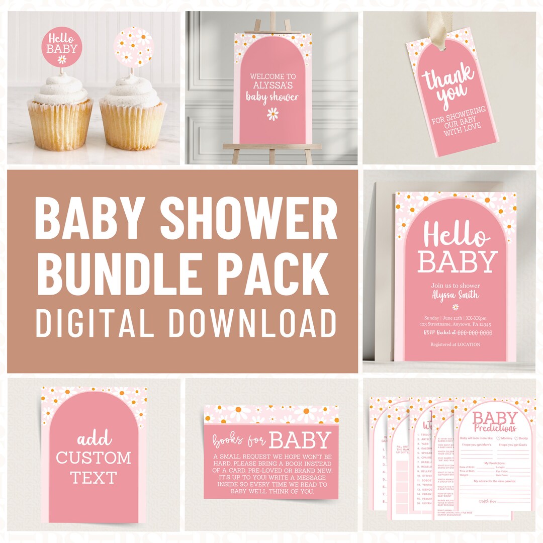 Pink Hello Baby Flower Baby Shower Theme Bundle Pack Editable Digital ...