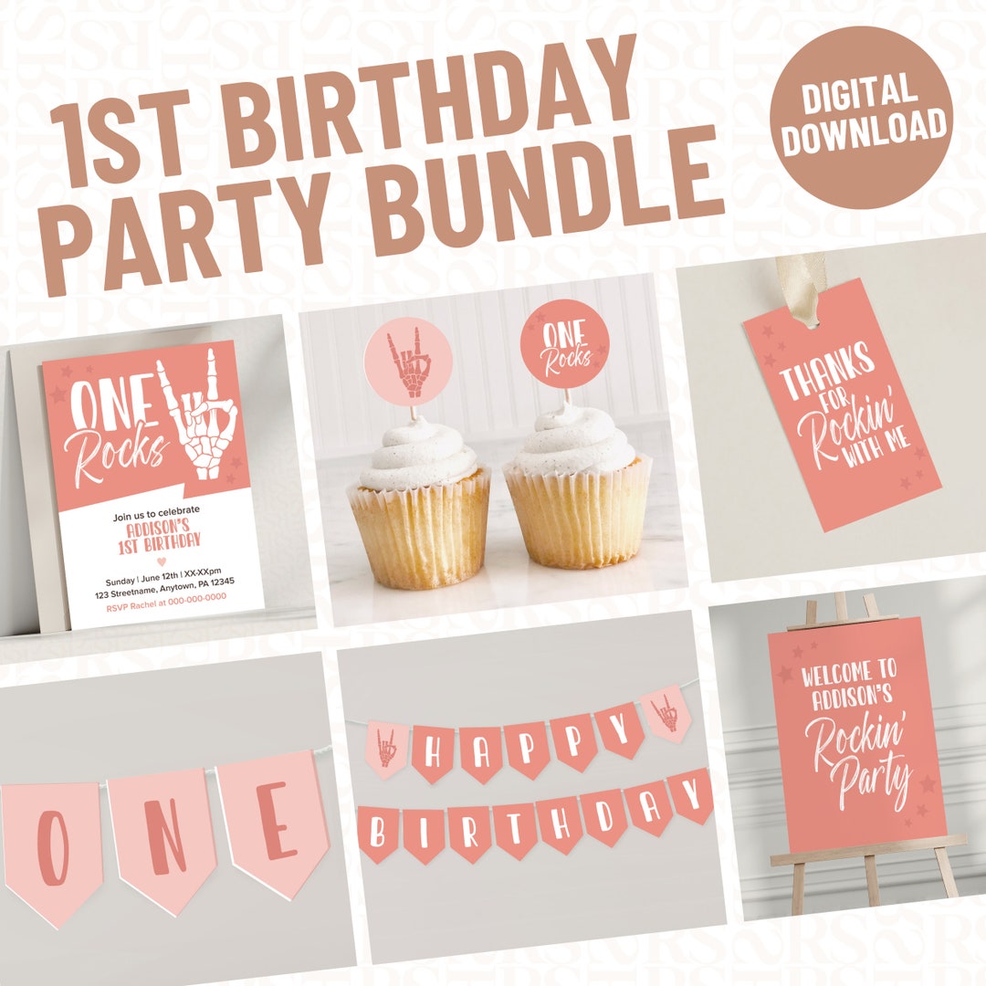 Girl's Pink One Rocks Rock and Roll Theme 1st Birthday Party Bundle ...