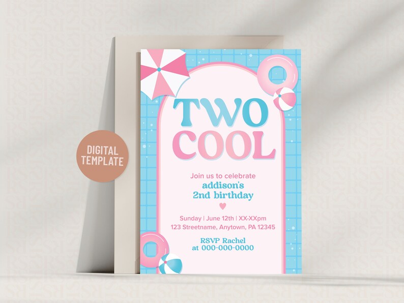 Pink Tropical Pool Party "two Cool" Invitation | Editable 5x7 Template ...