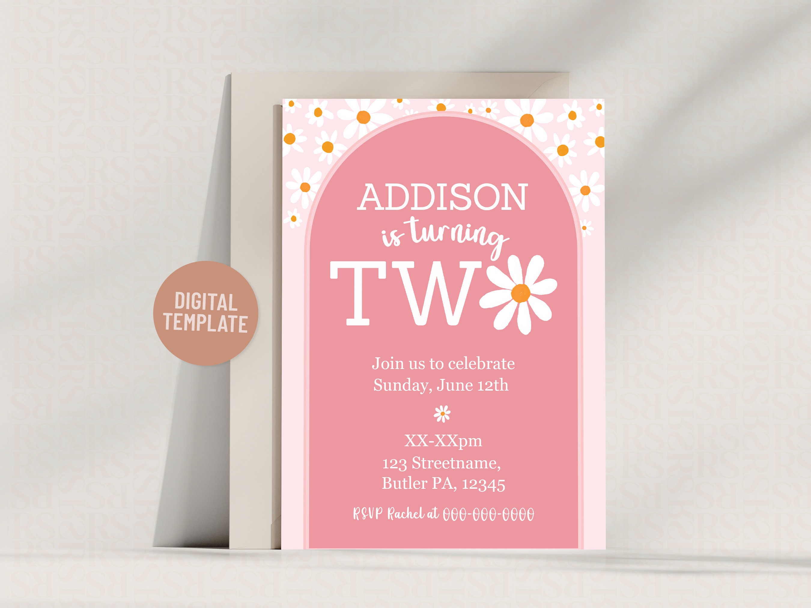 Turning Two Second Birthday Party Pink Flower Girl's Invitation ...