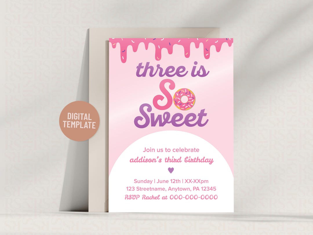 So Sweet 3rd Birthday Donut Party Invite - Editable 5x7 Pink & Purple ...