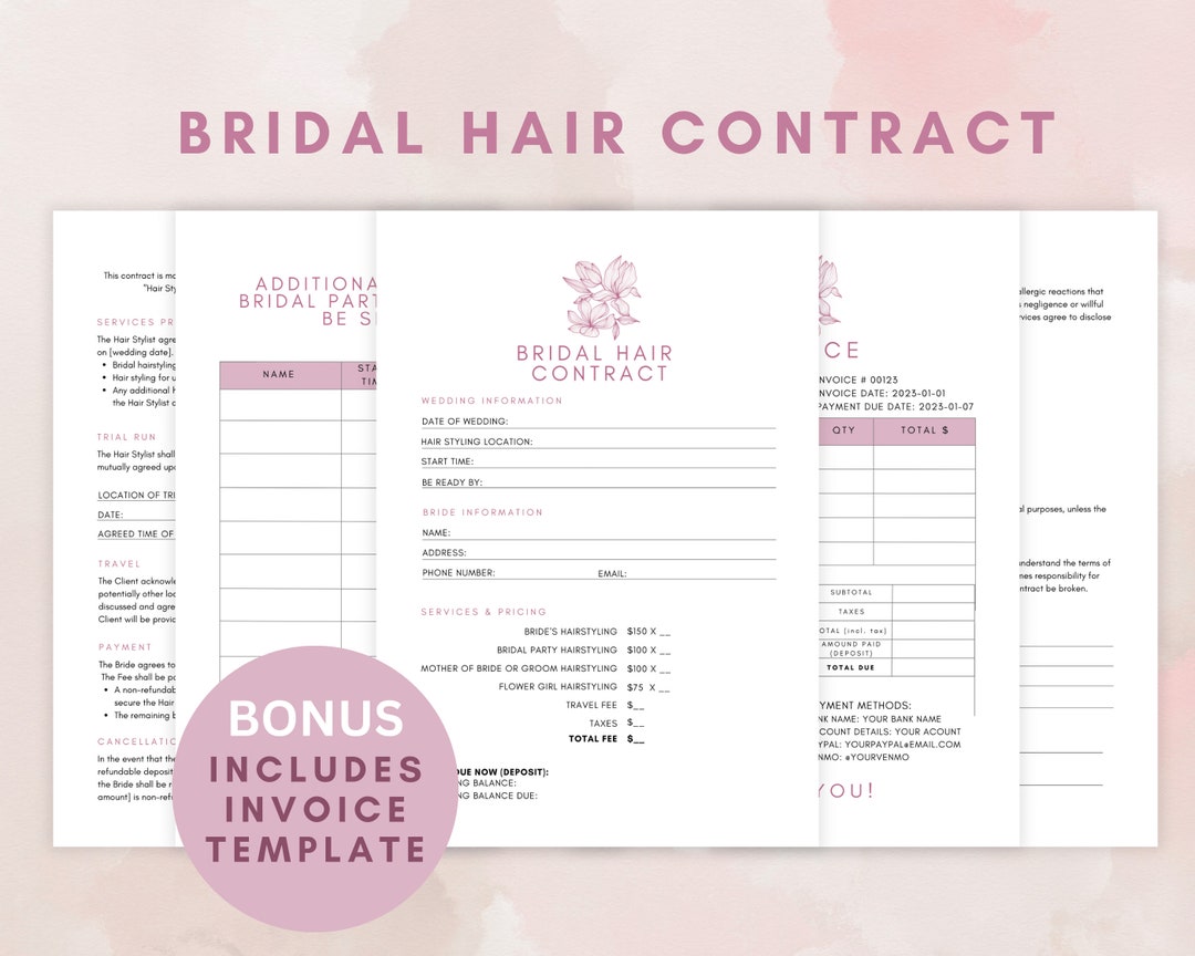 Bridal Hair Contract, Wedding Hair Contract, Editable Wedding Contract ...