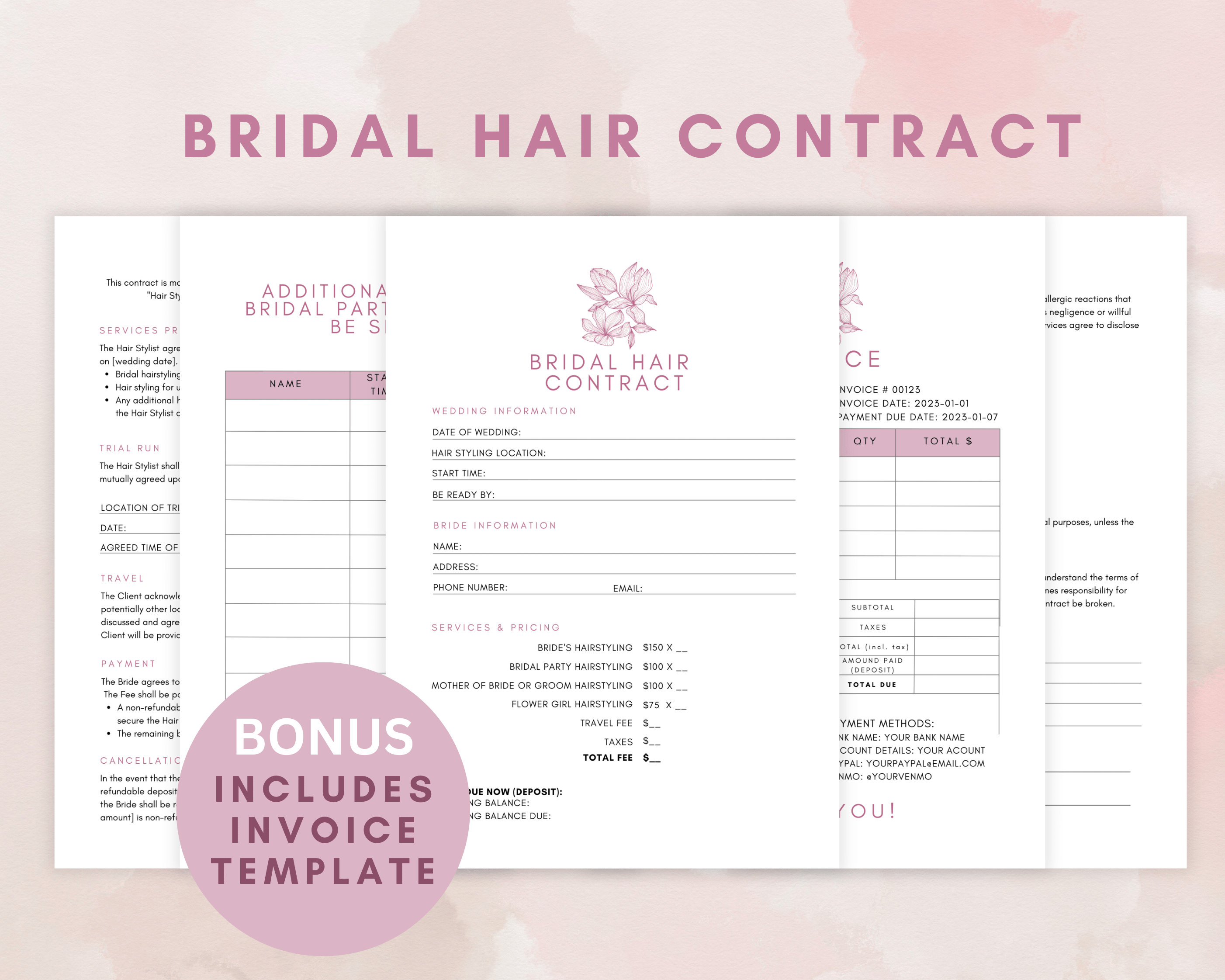 Bridal Hair Contract, Wedding Hair Contract, Editable Wedding Contract ...