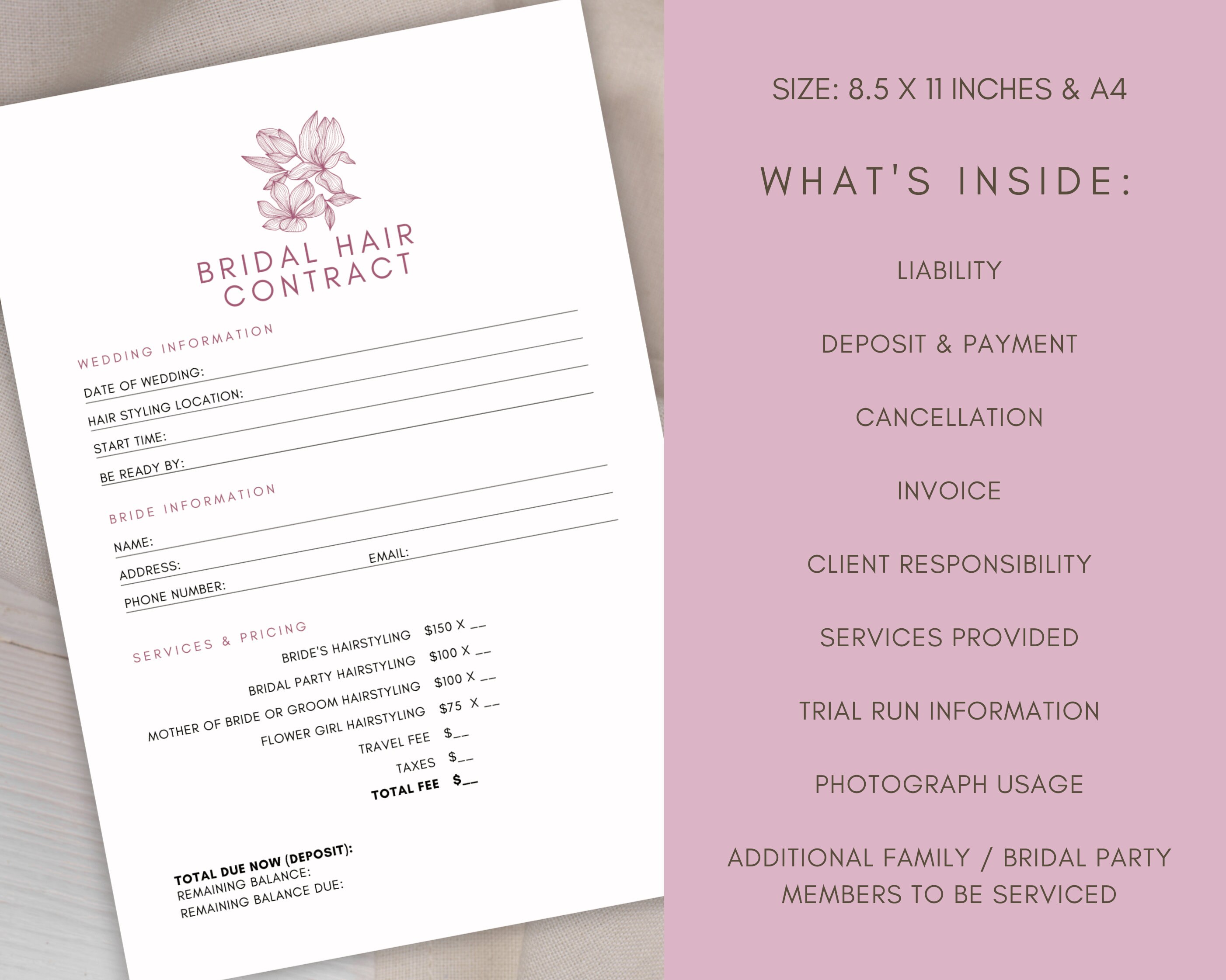 Bridal Hair Contract, Wedding Hair Contract, Editable Wedding Contract ...