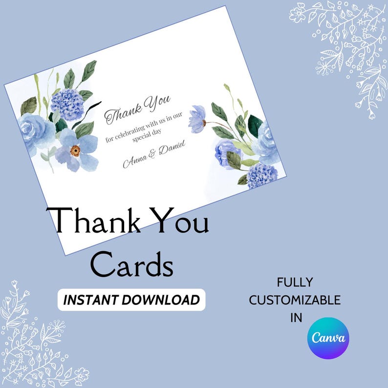 Thank You Cards Blue Floral Wedding - Etsy