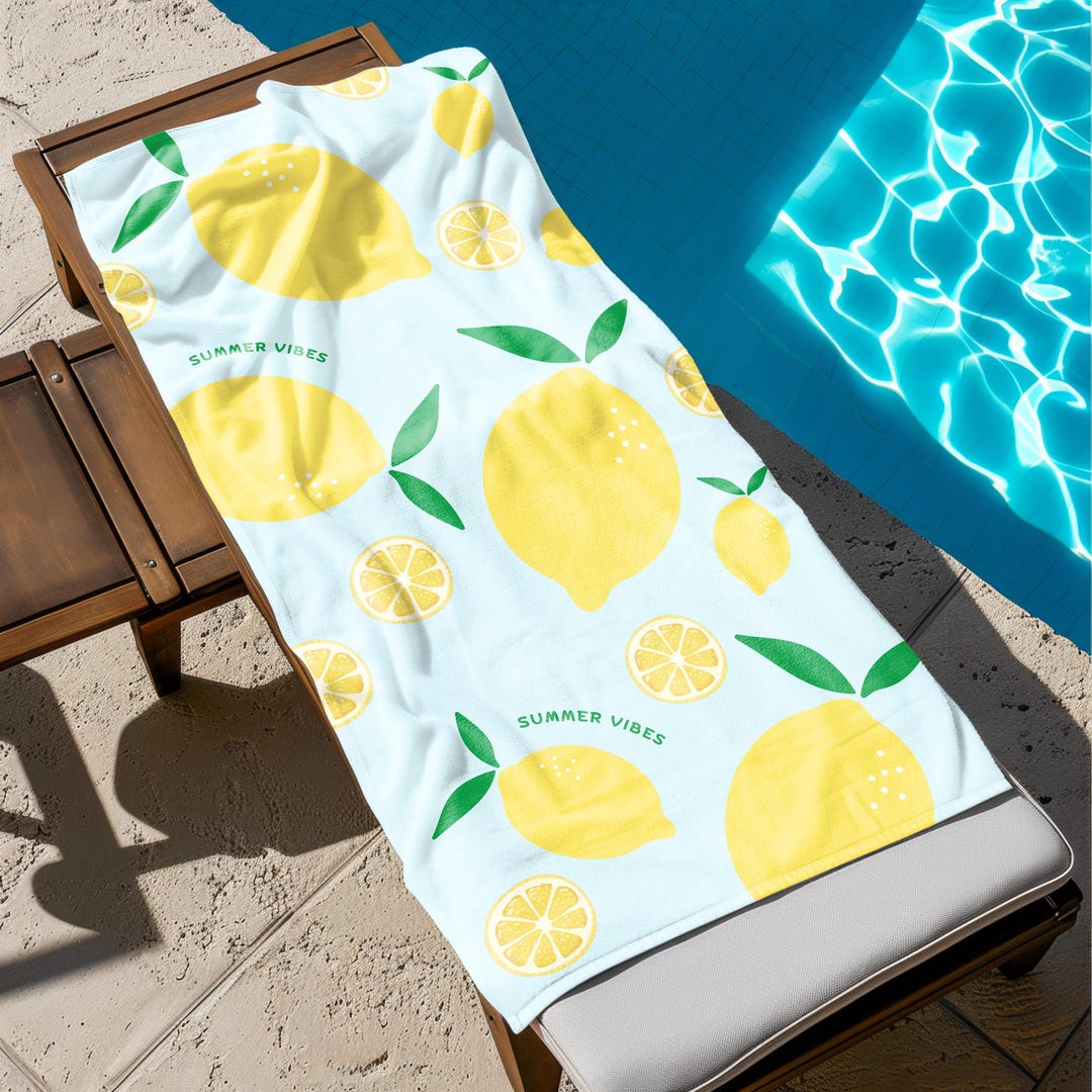 Lemon Beach Towel, Custom Name Summer Towel, Citrus Fruit Print, Lemons ...