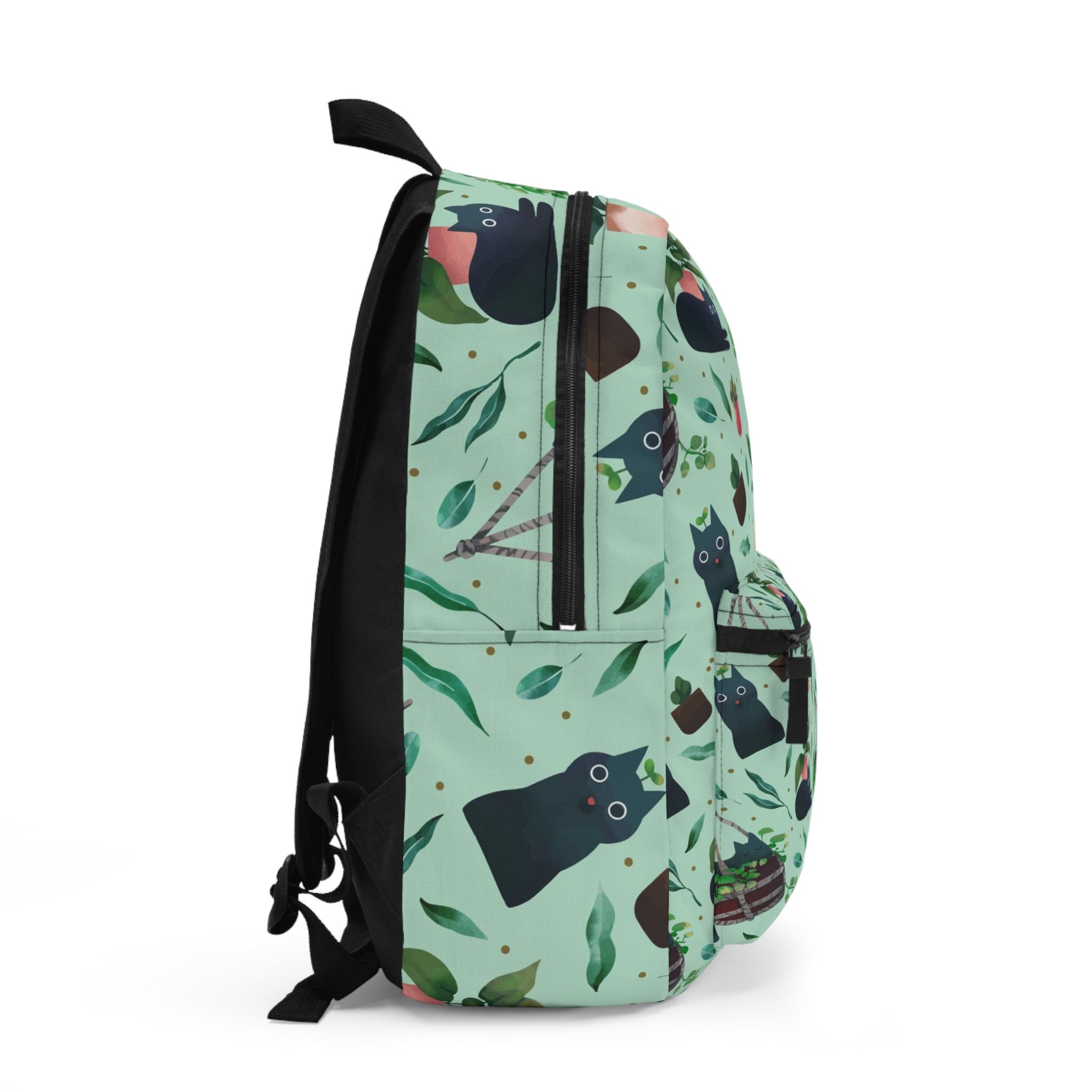 Cute Cat Pattern Backpack Black Cat Plants Floral Bookbag Graphic ...