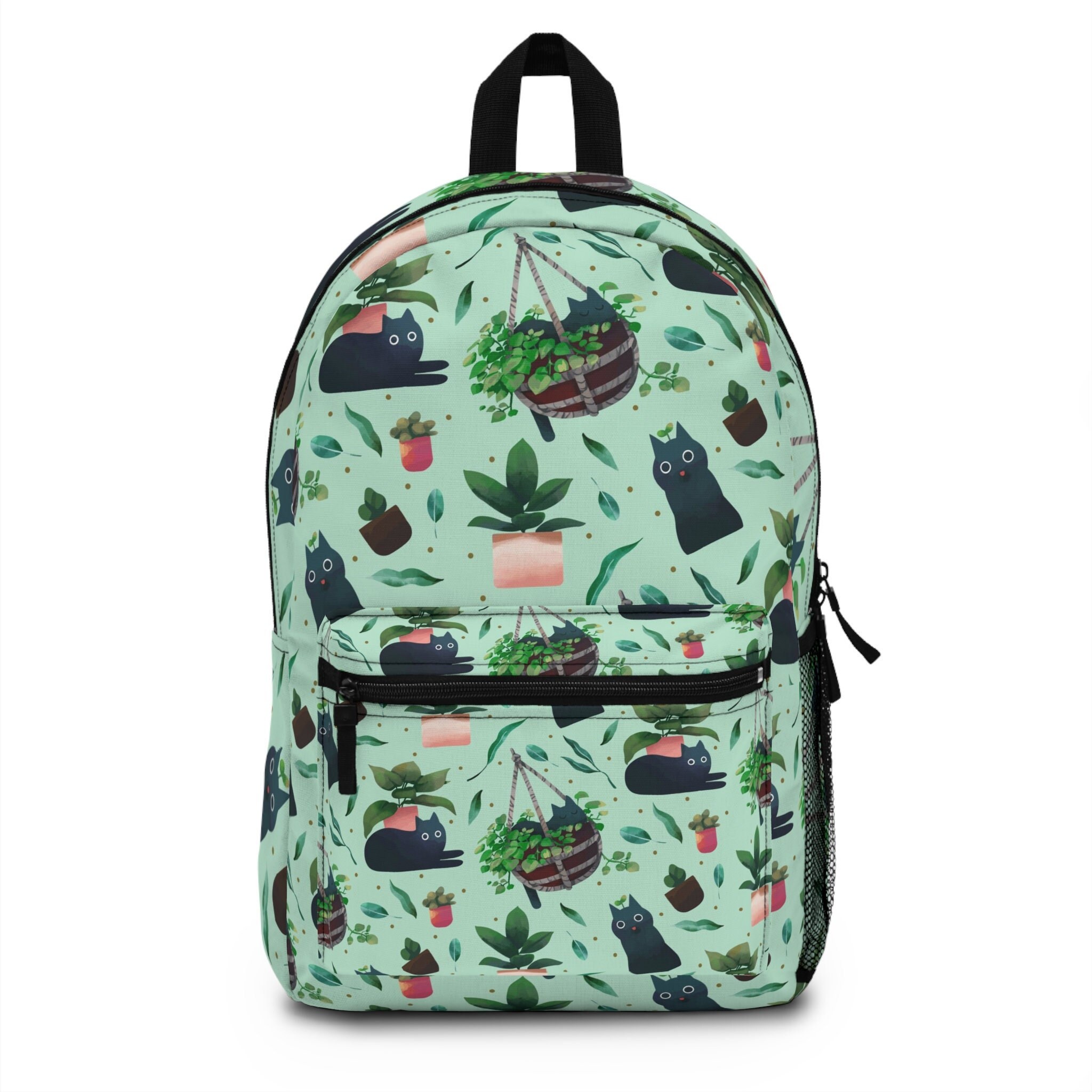 Cute Cat Pattern Backpack Black Cat Plants Floral Bookbag Graphic ...