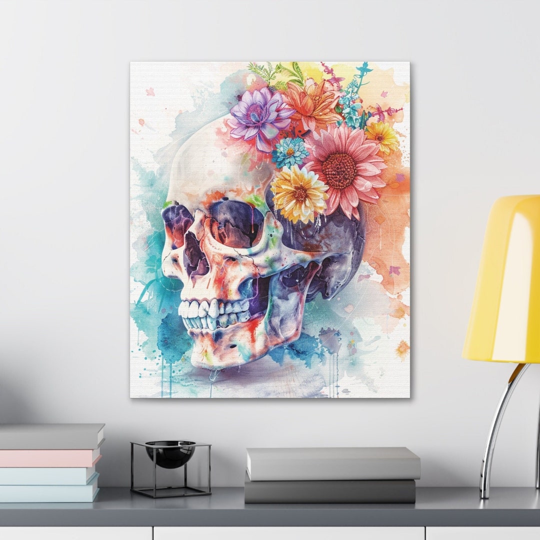 Colorful Boho Floral Skull Canvas Wall Art, Watercolor Skull Home Decor ...