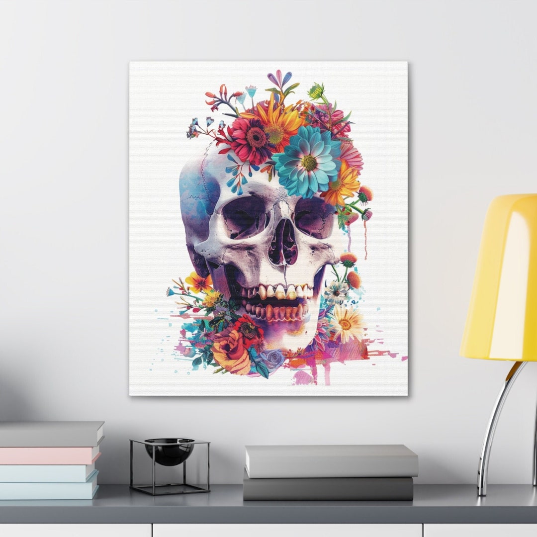 Colorful Boho Floral Skull Canvas Wall Art, Watercolor Skull Home Decor ...