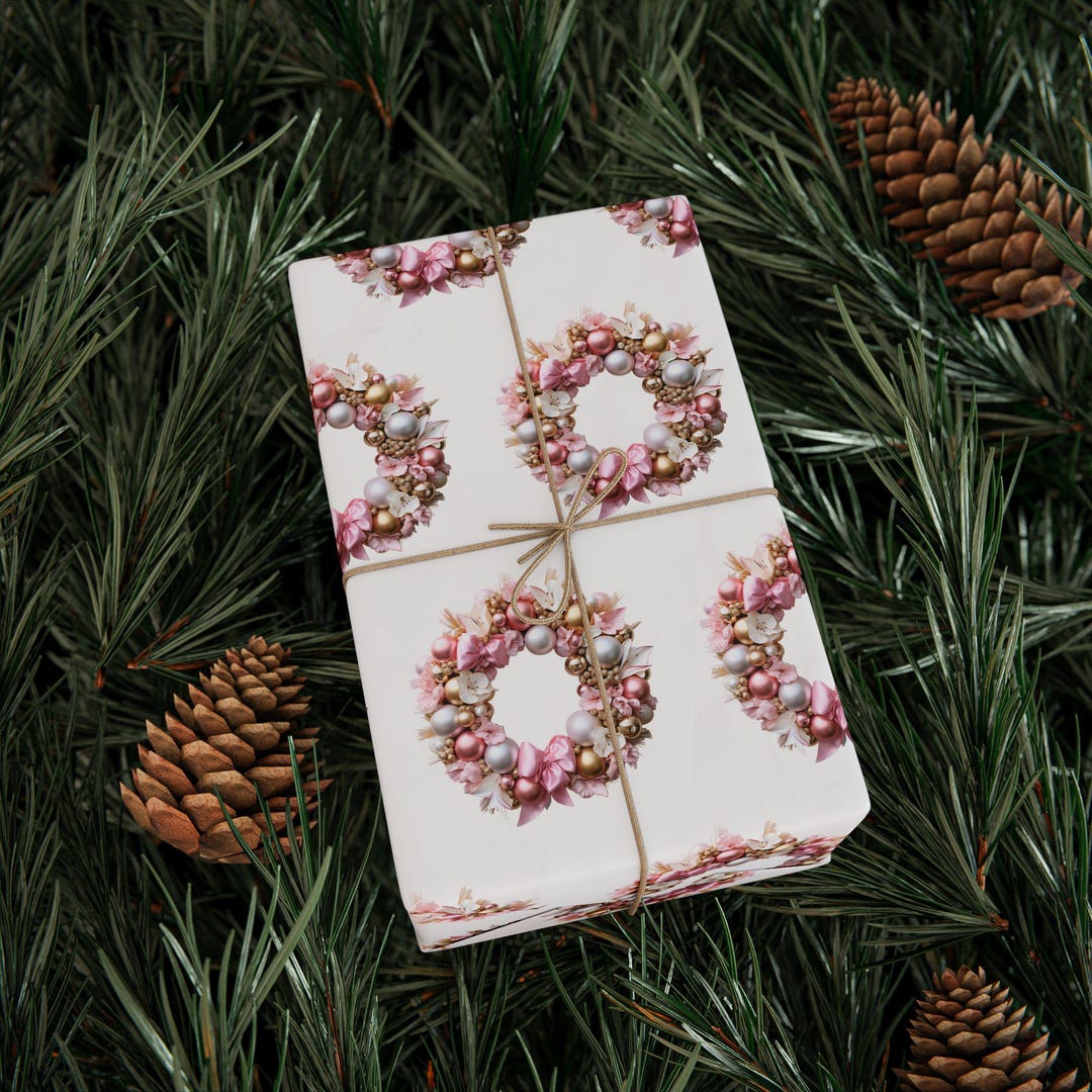 Pink Wreath Gift Wrapping Paper, Fine Gift Wrap, Holiday Wrapping Paper ...