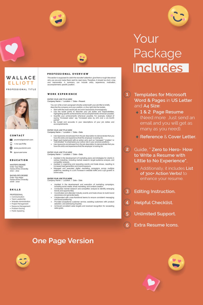 Resume Template Orange CV Template Professional Resume Template for ...