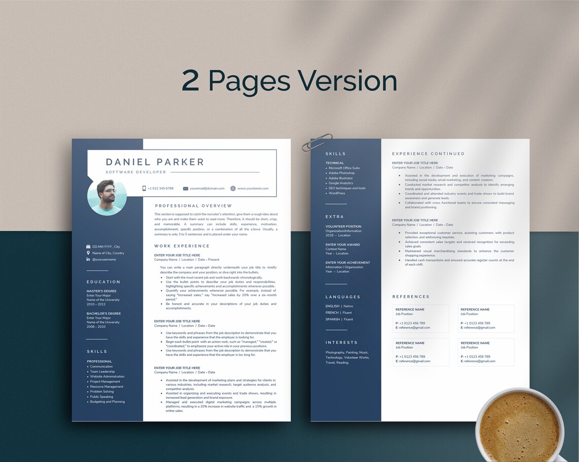 Resume Template Blue CV Template Professional Resume Template for Pages ...