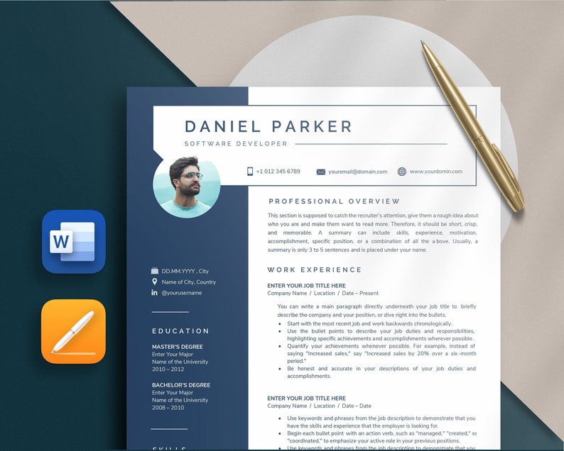 Resume Template Blue CV Template Professional Resume Template for Pages ...