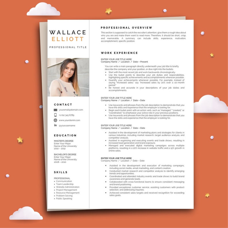 Resume Template Orange CV Template Professional Resume Template for ...