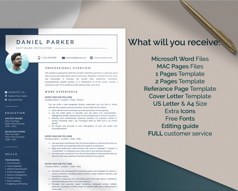 Resume Template Blue CV Template Professional Resume Template for Pages ...
