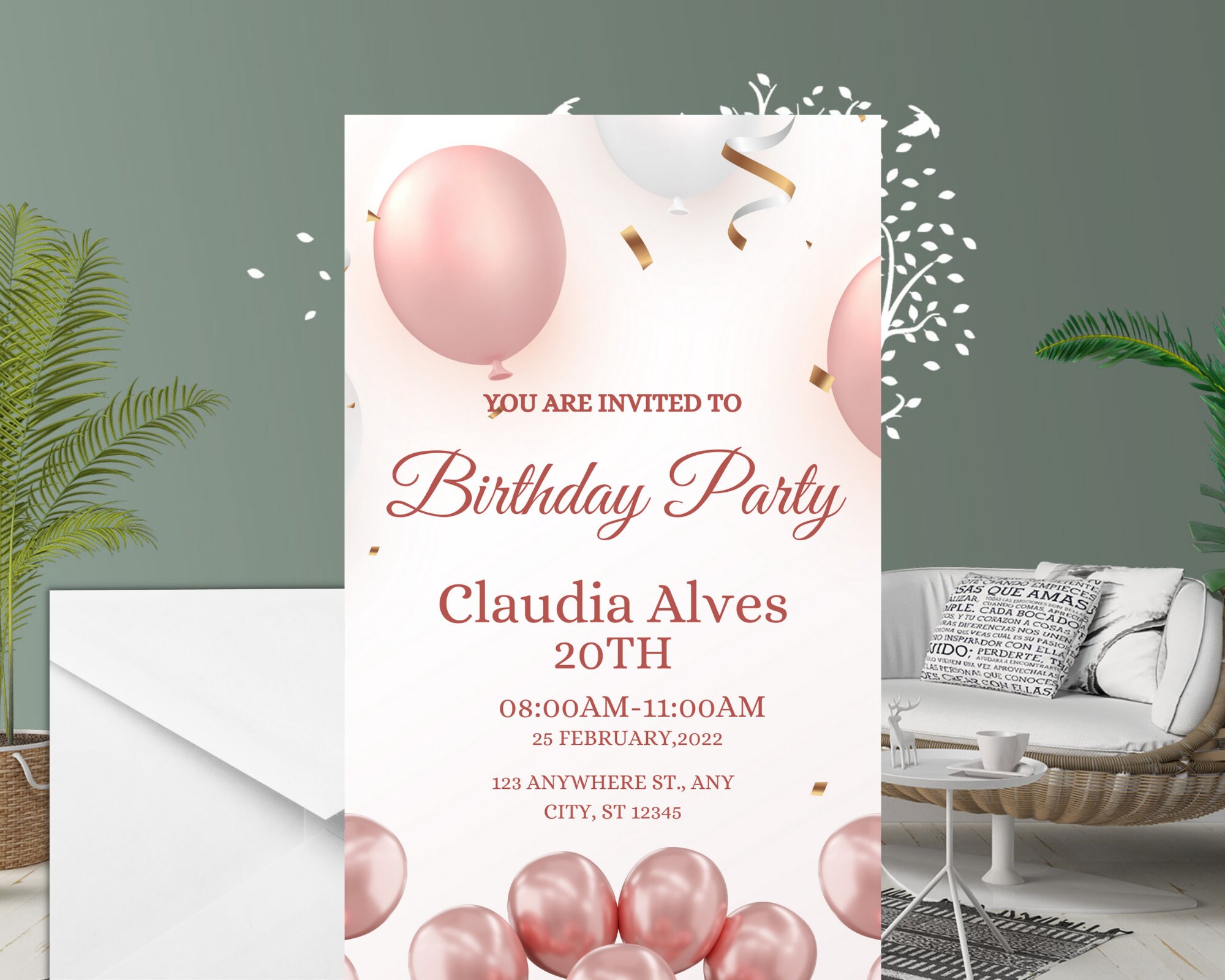 Pink Modern Birthday Party Invitation, Birthday Invitation Card Prints ...