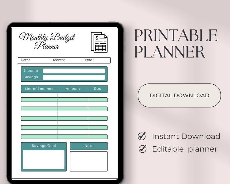 Monthly Budget Planner, Printable Planner, Instant Download, Digital ...
