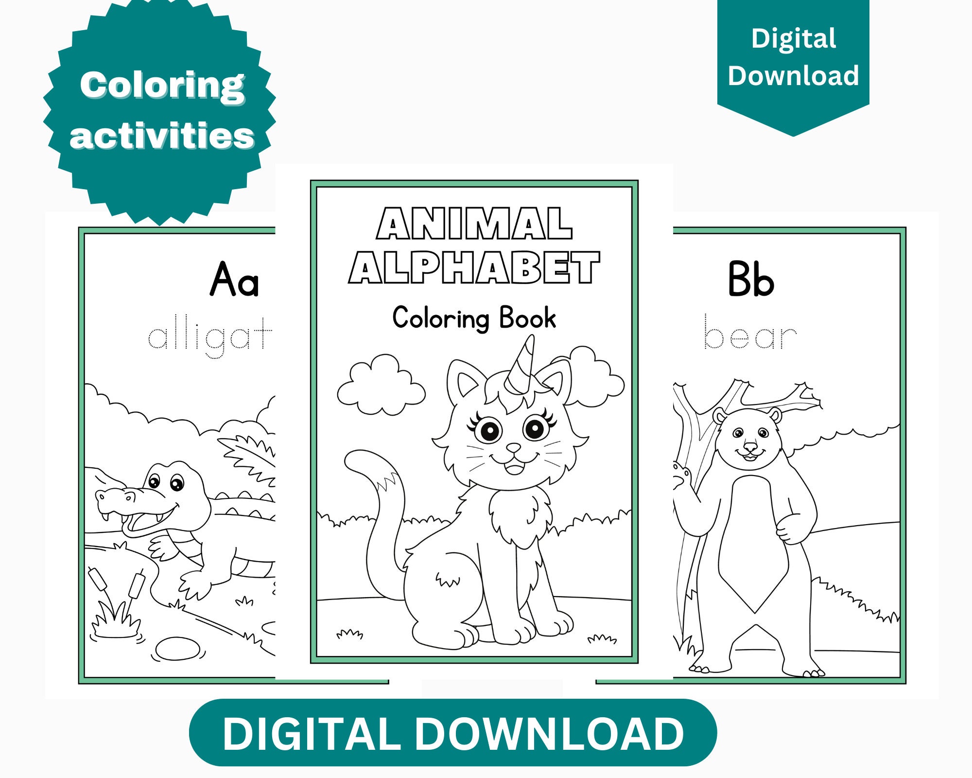 Black White Alphabet Animals Coloring Worksheets, Printable Color Page ...
