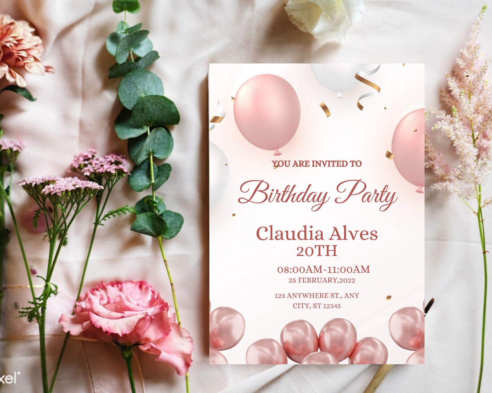 Pink Modern Birthday Party Invitation, Birthday Invitation Card Prints ...