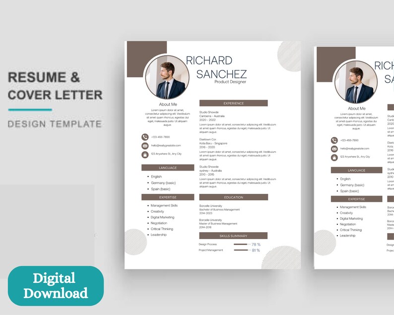 Brown Professional Modern CV Resume, Editable Resume Template Digital ...
