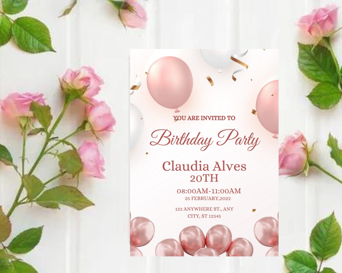 Pink Modern Birthday Party Invitation, Birthday Invitation Card Prints ...