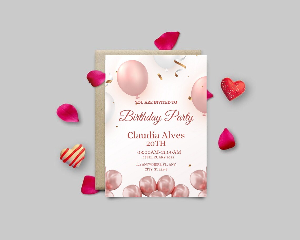 Pink Modern Birthday Party Invitation, Birthday Invitation Card Prints ...