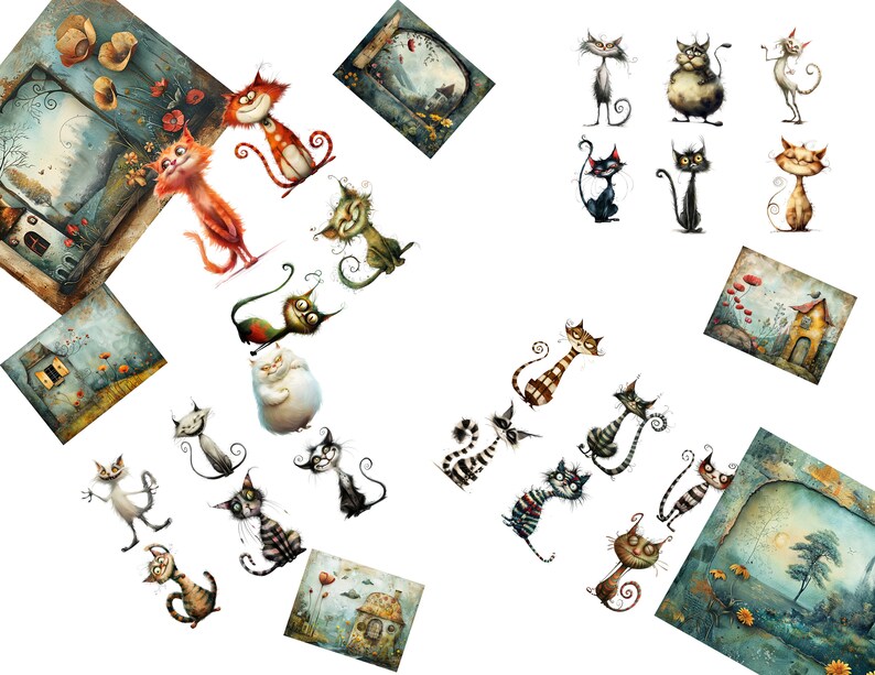 22 Quirky Whimsy Cats Png + 11 Backgrounds + 4 Sheets, Card Making ...