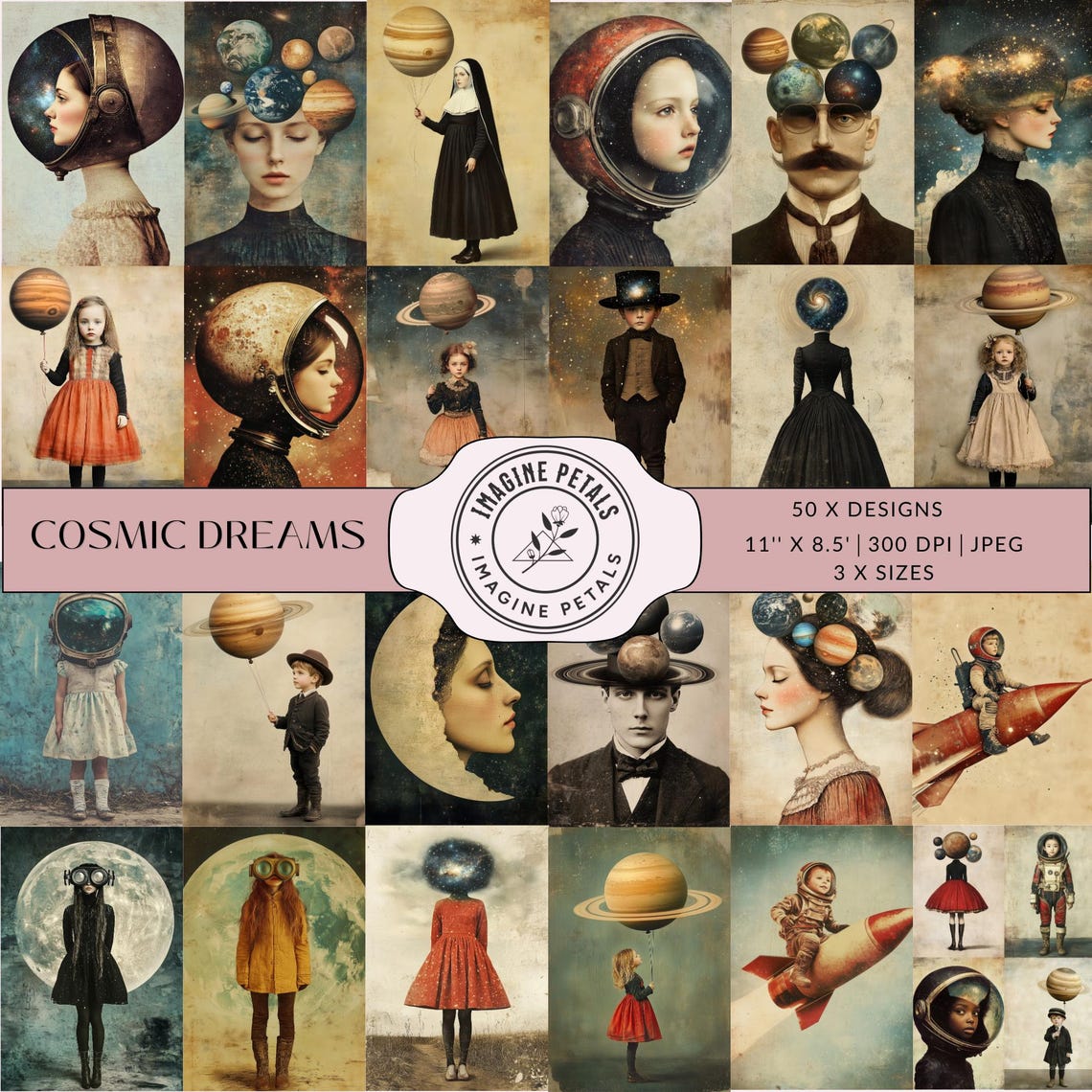 50 Cosmic Dreams Space People Portraits Junk Journal Kit, Stars Moon ...