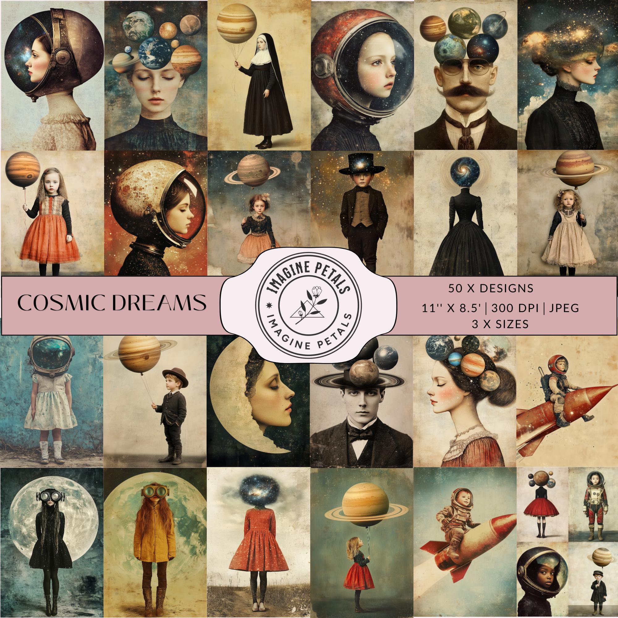 50 Cosmic Dreams Space People Portraits Junk Journal Kit, Stars Moon ...