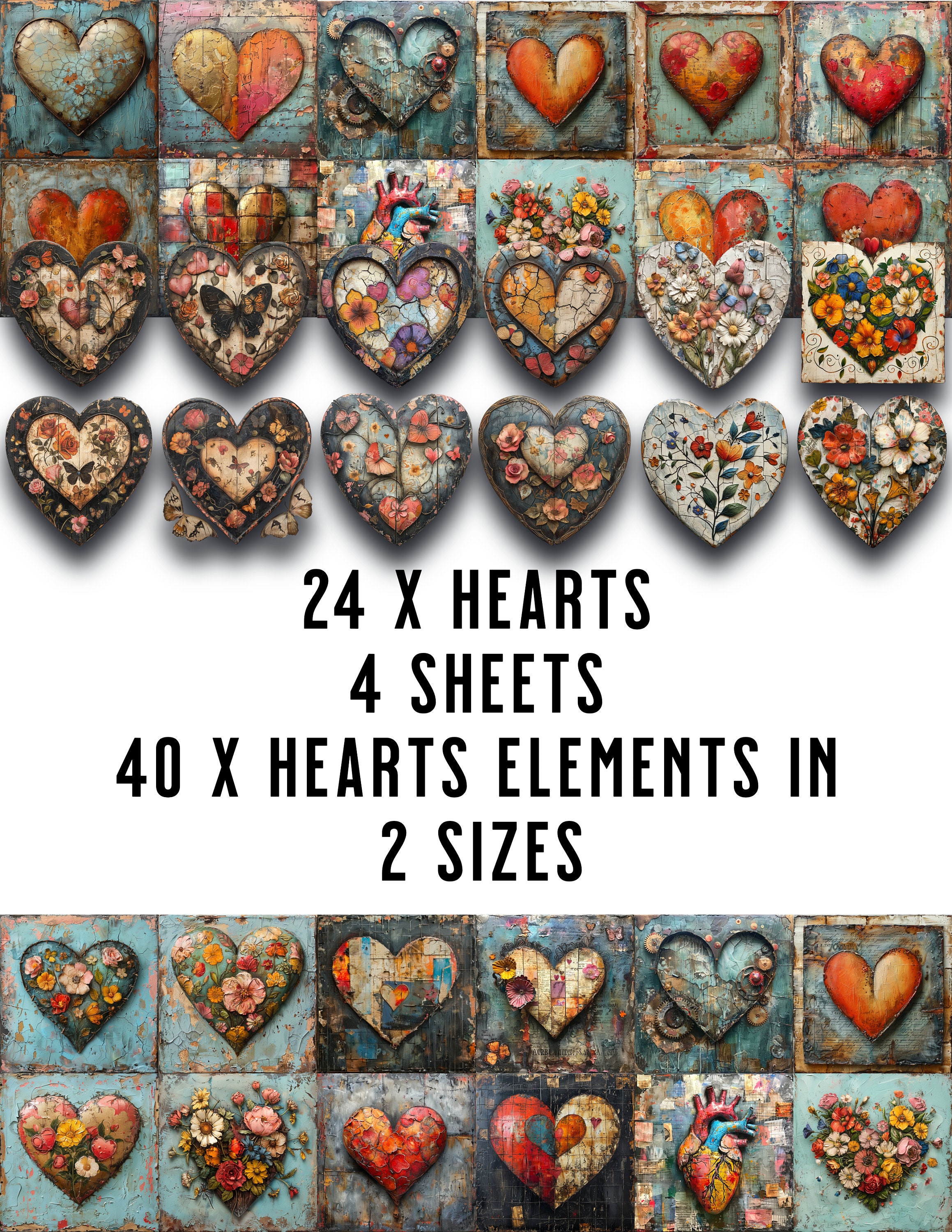 Vintage Mixed Media Hearts Junk Journal Kit - 24 Valentines Love ...