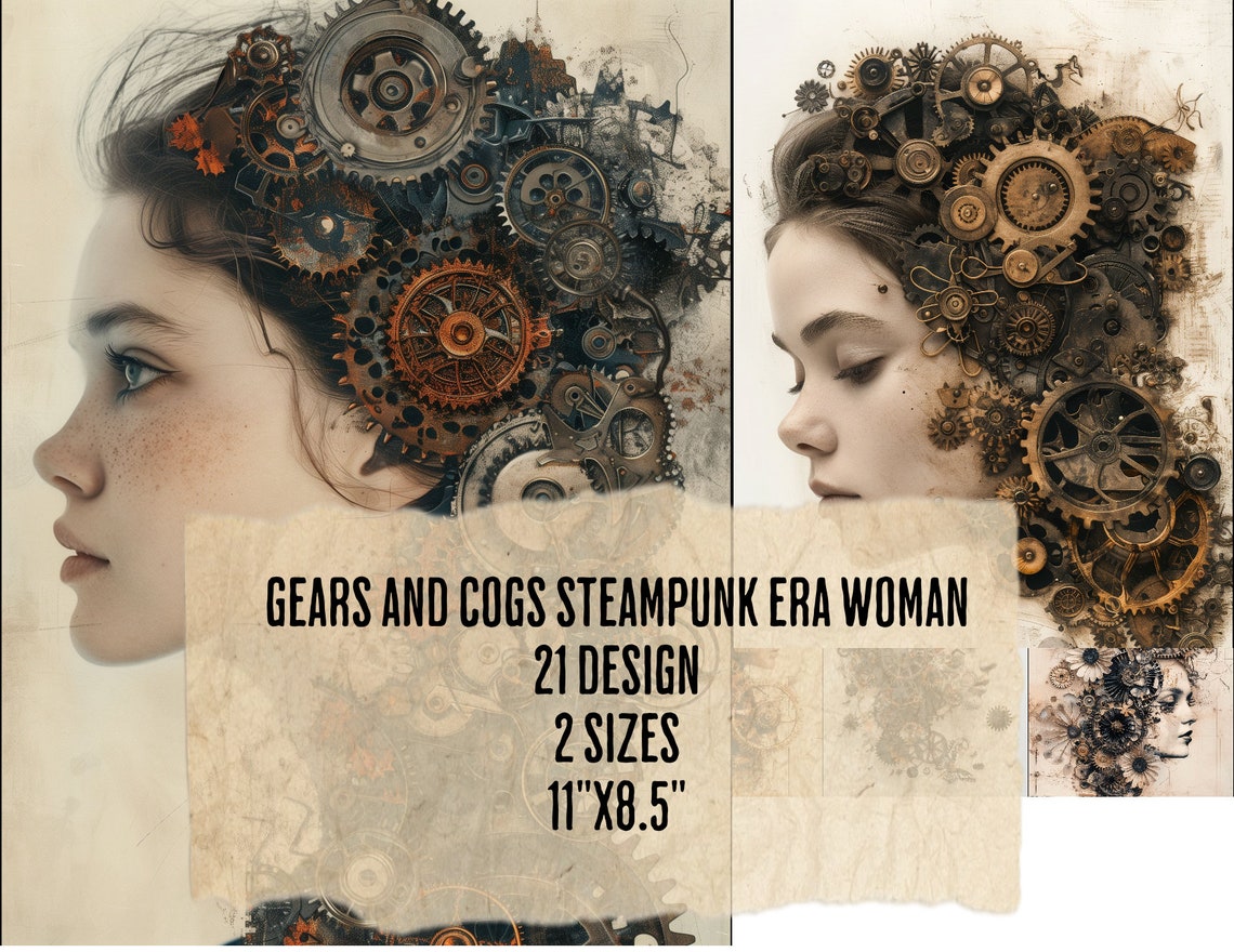 21 Gears and Cogs Steampunk Era Woman, Junk Journal Pages, CU ...