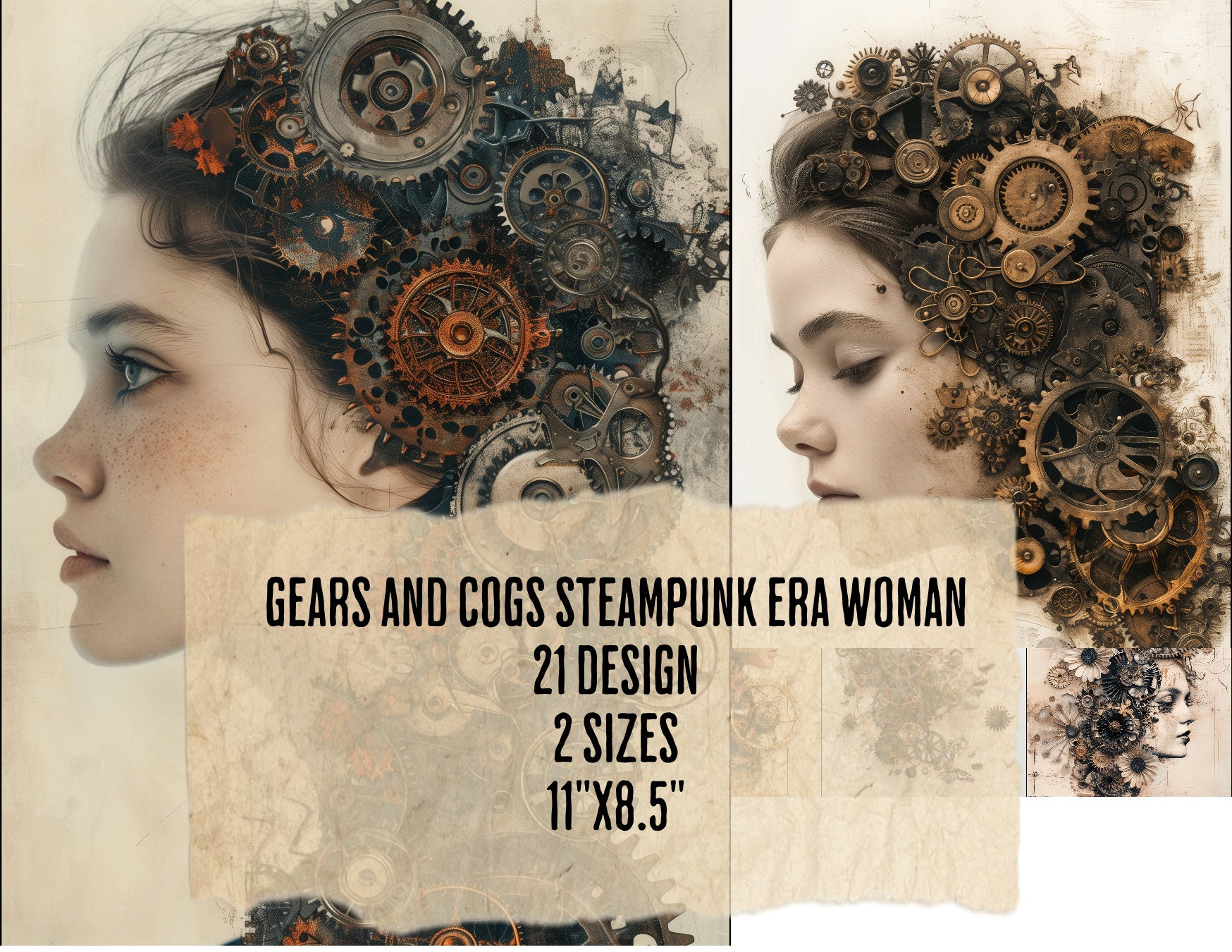 21 Gears and Cogs Steampunk Era Woman, Junk Journal Pages, CU ...