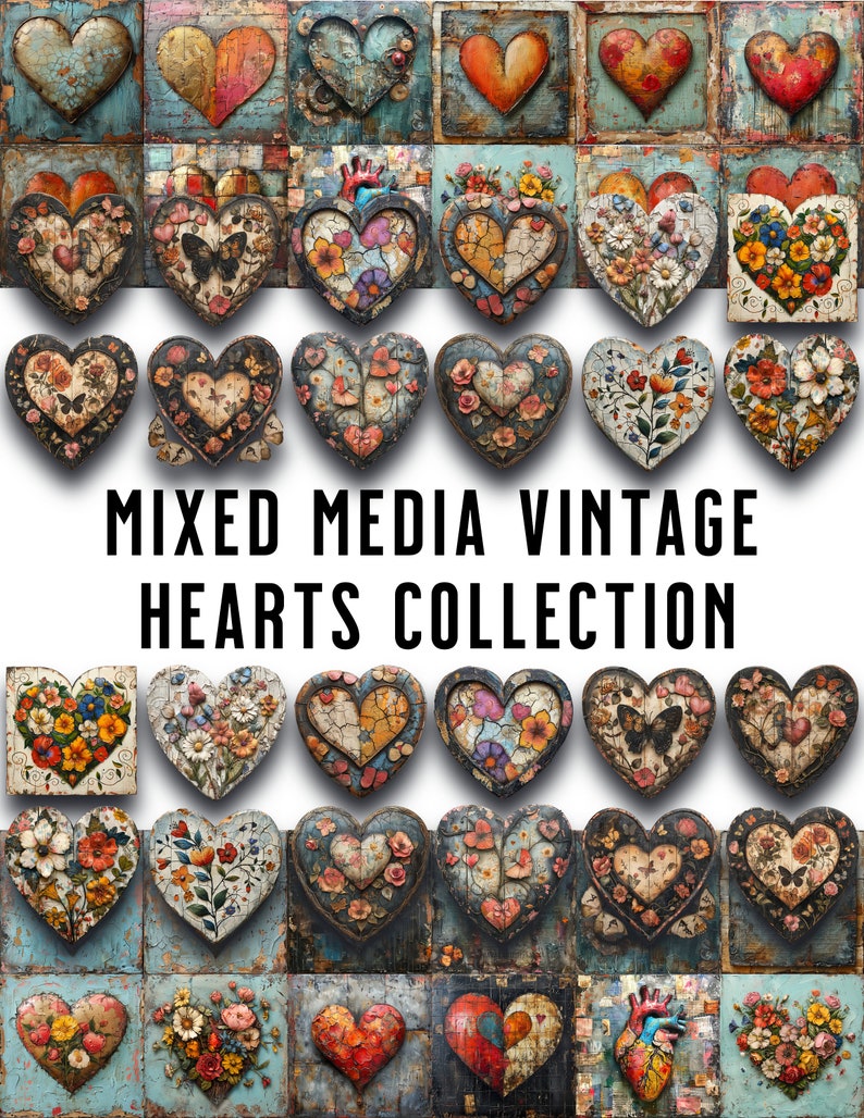 Vintage Mixed Media Hearts Junk Journal Kit - 24 Valentines Love ...