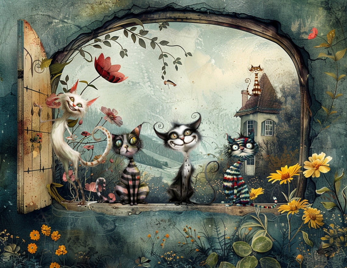 22 Quirky Whimsy Cats Png 11 Backgrounds 4 Sheets, Card Making, Collage Kit, Junk Journal, Books ...