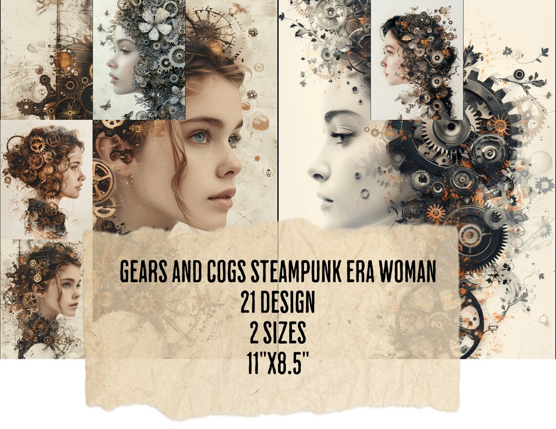21 Gears and Cogs Steampunk Era Woman, Junk Journal Pages, CU ...