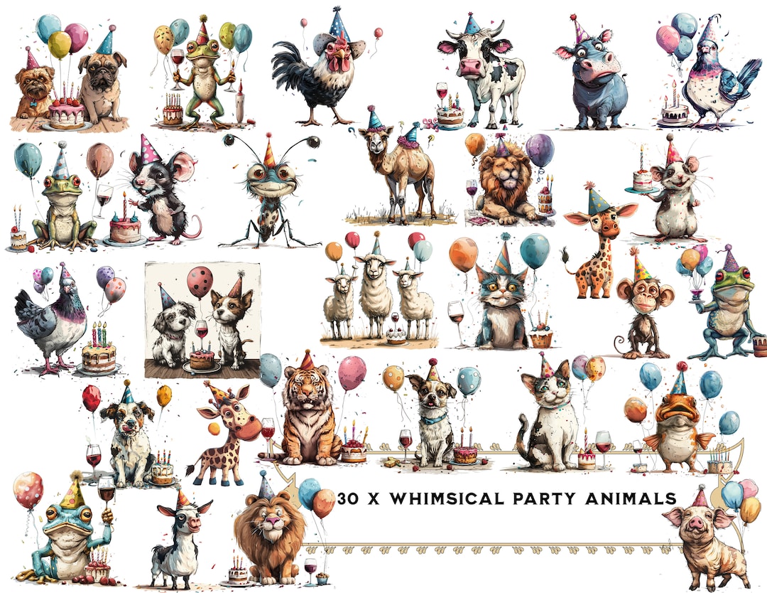 30 Whimsical Party Animals PNG Bundle, Funny Birthday Animals Clipart ...