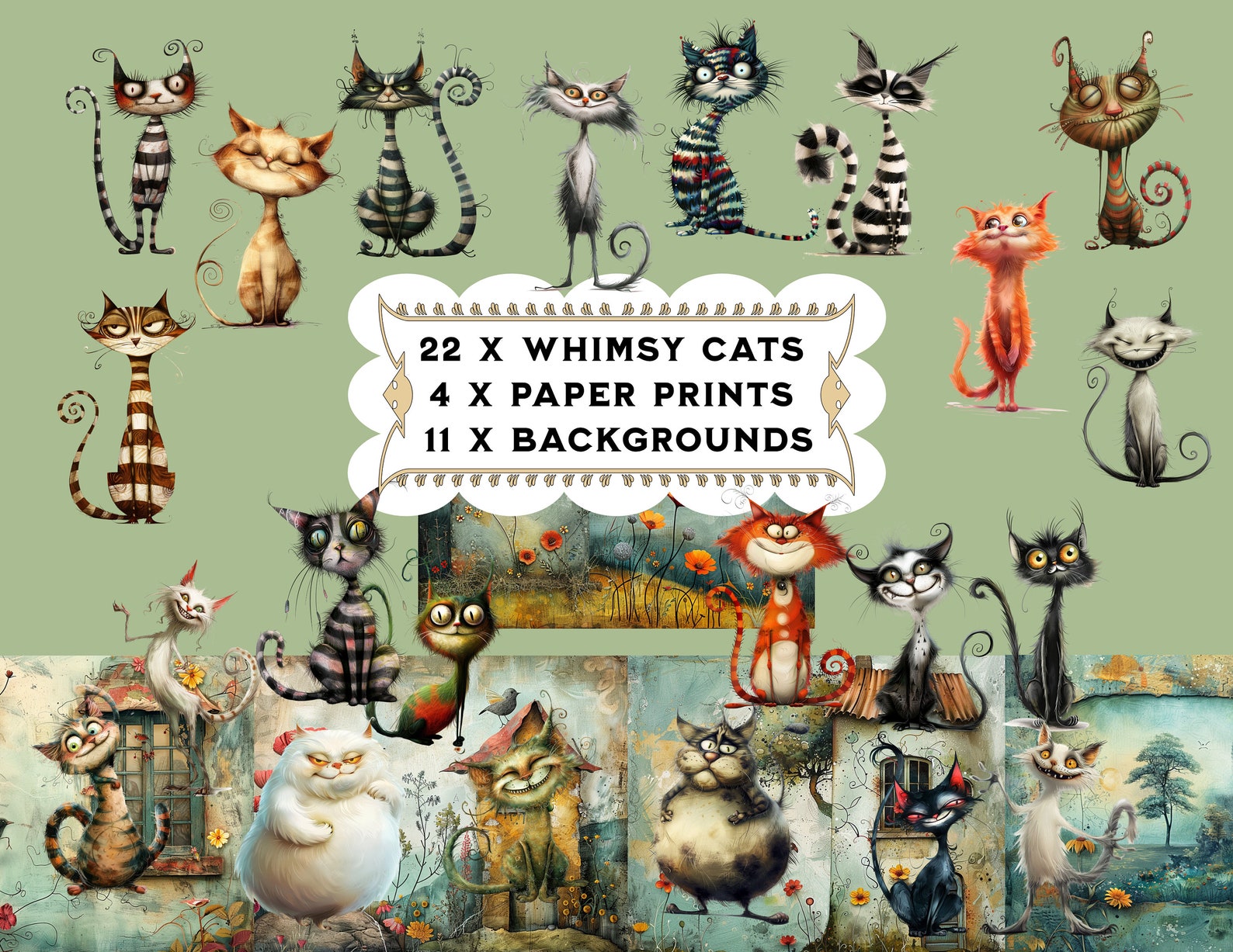 22 Quirky Whimsy Cats Png 11 Backgrounds 4 Sheets, Card Making, Collage ...