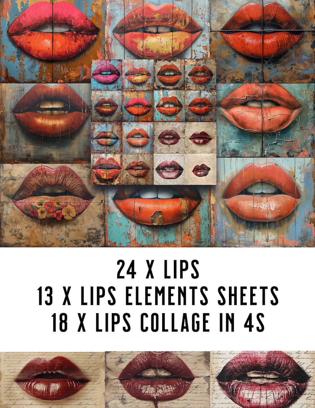 Whimsical Lips Pack - 24 Vintage Lips Jpeg, Kiss, Valentines Love, Junk ...
