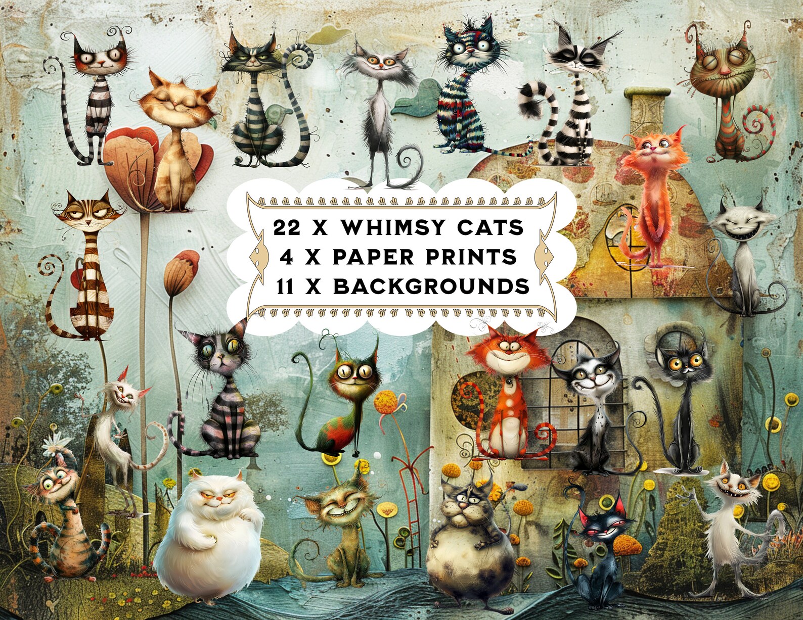 22 Quirky Whimsy Cats Png 11 Backgrounds 4 Sheets, Card Making, Collage ...