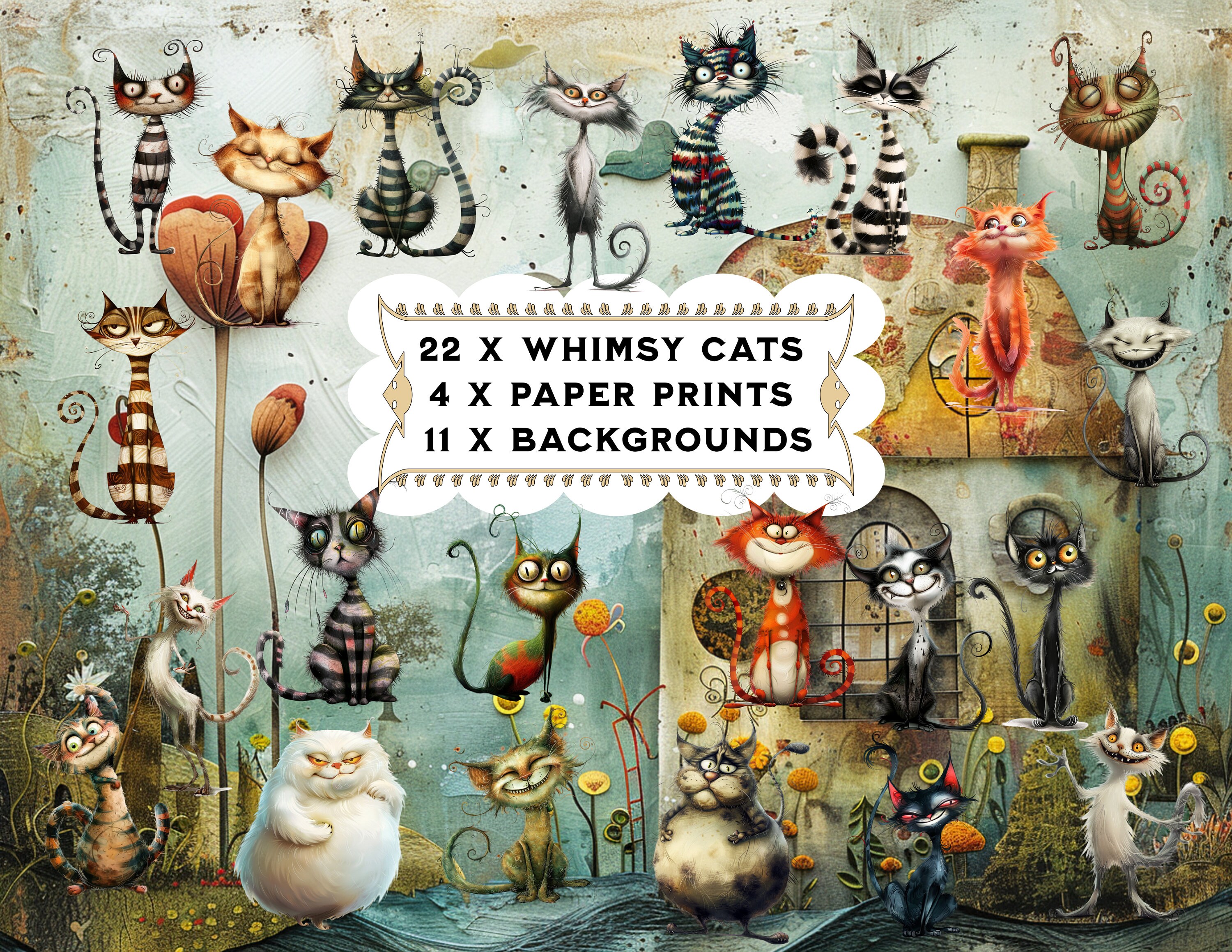 22 Quirky Whimsy Cats Png + 11 Backgrounds + 4 Sheets, Card Making ...
